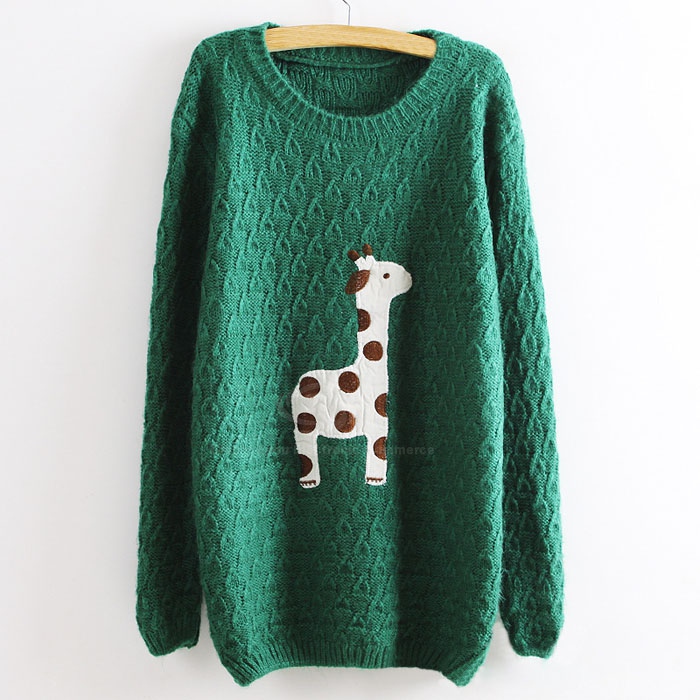 Green Super Adorable Cartoon Giraffe Loose Pullover Sweater on Luulla