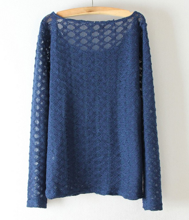 Blue Hollow Net Long Sleeved Pullover Sweater on Luulla