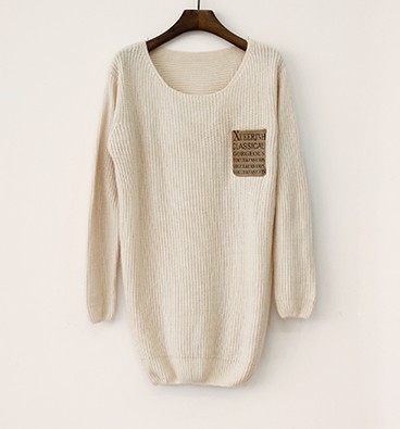 Beige Patchwork Leather Alphabet Pocket Loose Sweater on Luulla